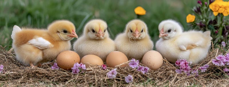 Five Adorable Yellow Baby Chickens Line Up beside White Eggs, Creating ...