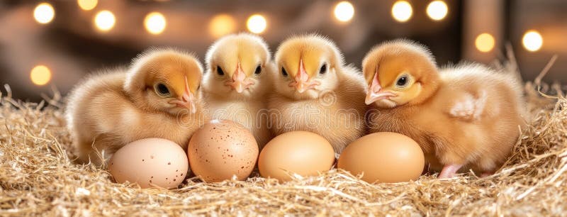 Five Adorable Yellow Baby Chickens Line Up beside White Eggs, Creating ...