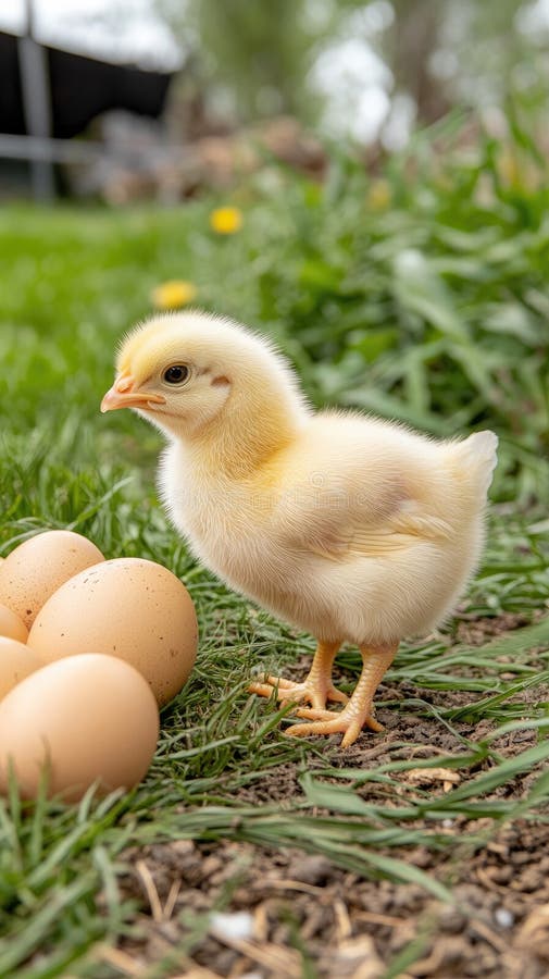Five Adorable Yellow Baby Chickens Line Up beside White Eggs, Creating ...
