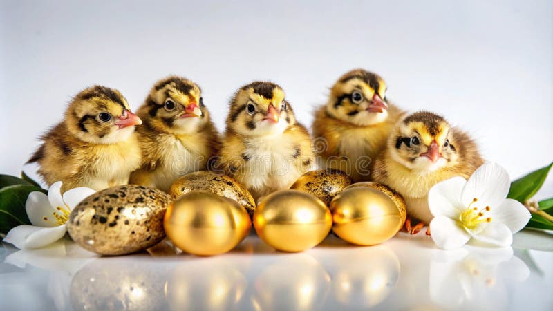 Five Adorable Yellow Chicks with Golden Eggs and White Flowers on a ...