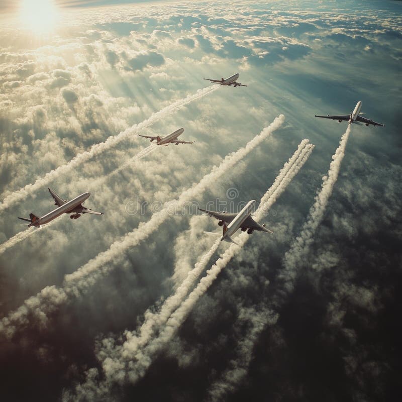 Five Airplanes Flying in Formation Above Clouds at Sunset Stock Image ...