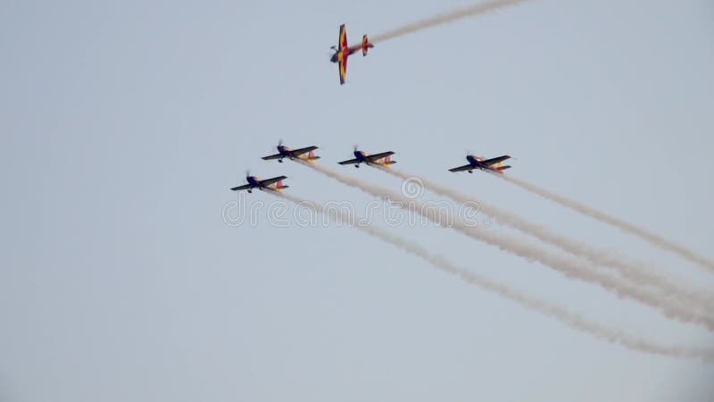 Five Airplanes in Formation on Airshow. Aerobatic Team Performs Flight ...