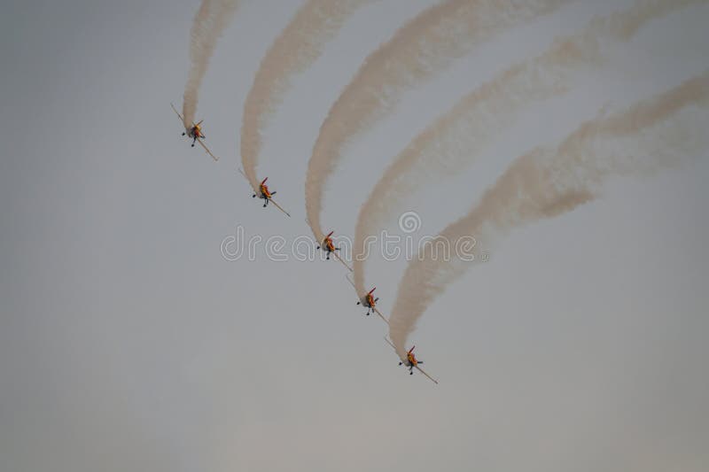 Five Airplanes in Formation on Airshow. Aerobatic Team Performs Flight ...