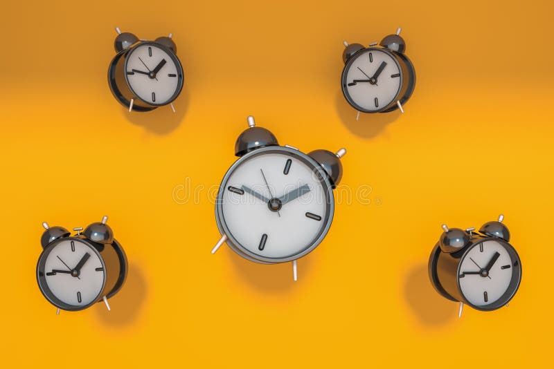 Five Alarm Clocks Over Yellow Background Stock Illustration ...
