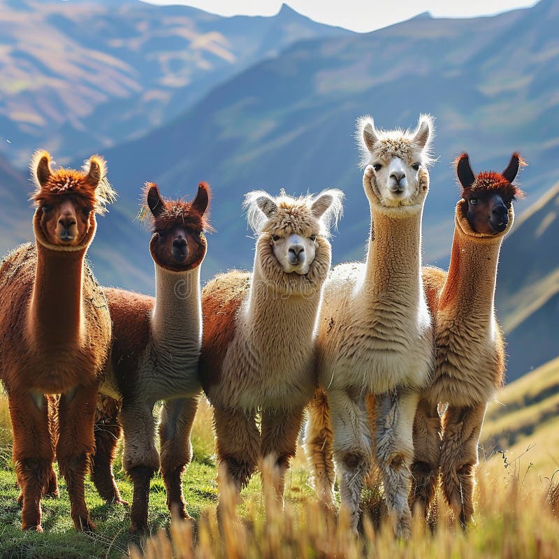 Five Alpacas Standing in a Row, Looking at the Camera, in a Mountainous ...