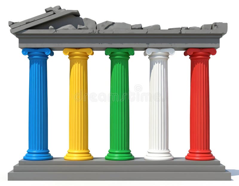 Five Ancient Construction Pillars in Blue, Yellow, Green, White, Red ...