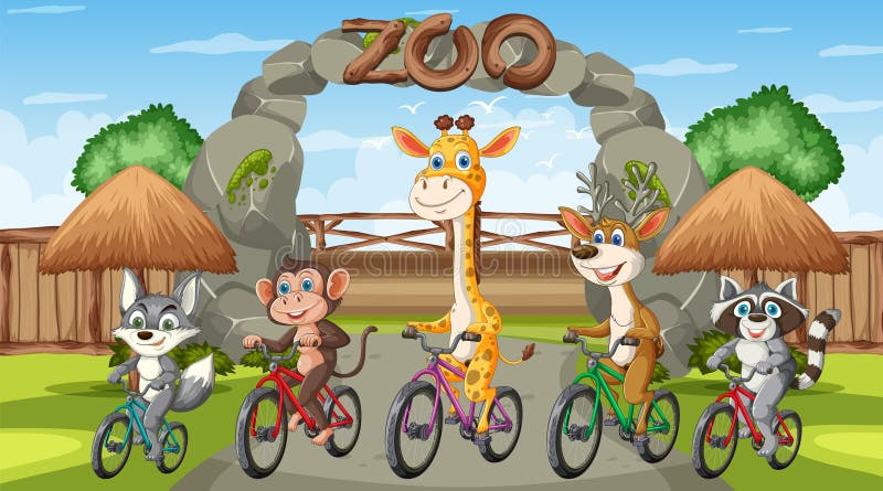 Five animals ride bikes stock vector. Illustration of group - 354926123