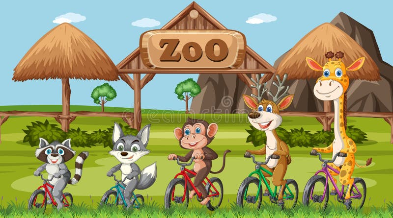 Five animals riding bikes stock vector. Illustration of huts - 344873790