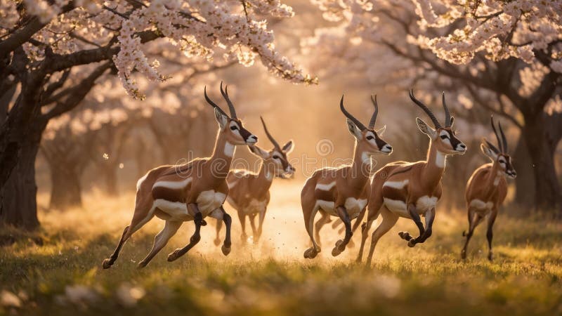 Graceful Springbok Herd Running through Blossom Trees at Sunrise Stock ...