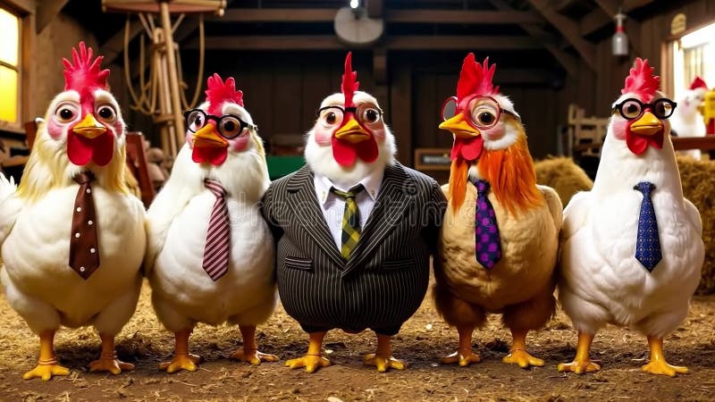 A Group of Chickens Wearing Suits and Ties Standing in a Barn Stock ...
