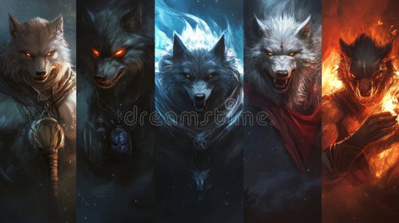 Five Anthropomorphic Wolves Representing the Elements Digital Fantasy ...