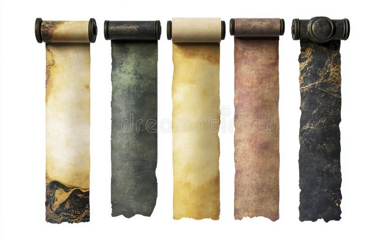 Five Antique Scrolls with Distressed Textures and Colors Stock ...