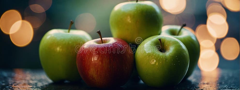 Five Apples with Bokeh Lights in Background Stock Illustration - Illustration of background ...
