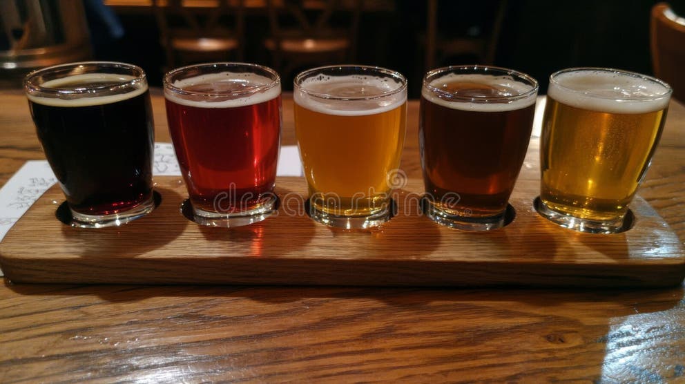 Five Assorted Beers in a Tasting Flight on Wooden Tray Stock ...