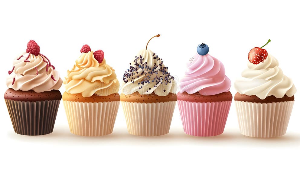 Five Assorted Cupcakes with Various Toppings and Flavors Element Set on ...