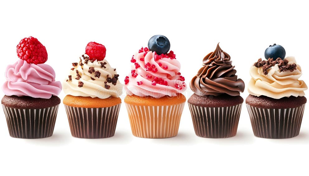 Five Assorted Cupcakes with Various Toppings and Flavors Element Set on ...