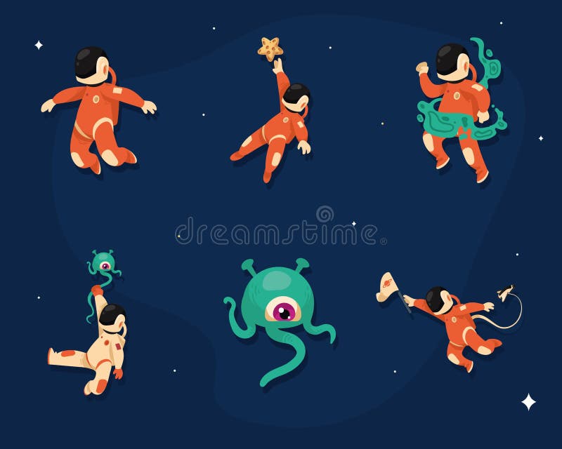 Five astronauts and aliens stock vector. Illustration of astronauts ...