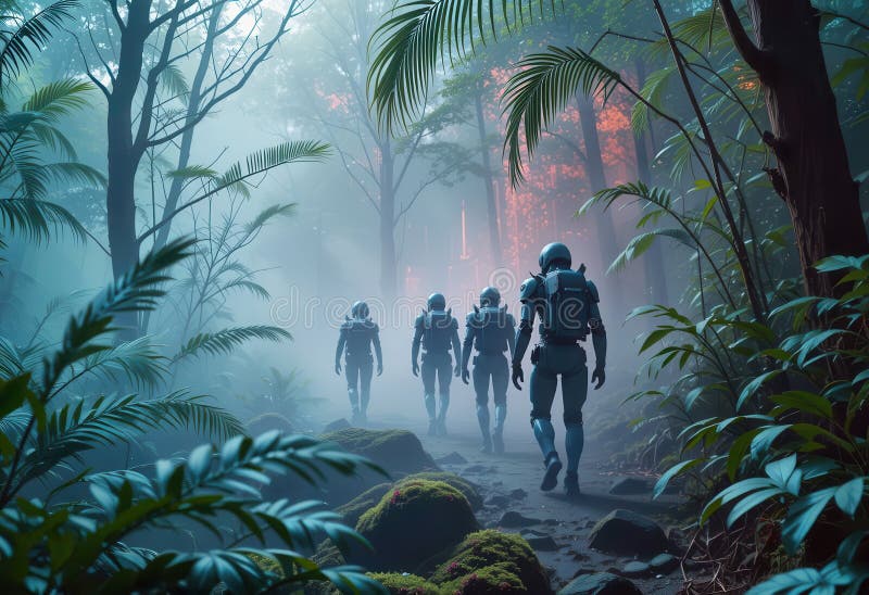 Group of Astronauts Exploring a Dense Alien Forest on a Distant Planet ...