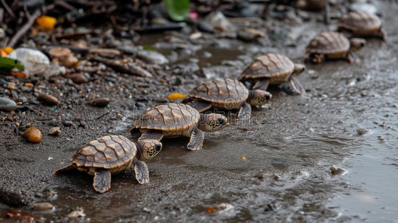 Five Baby Sea Turtles Crawling on a Sandy Beach Stock Image - Image of ...