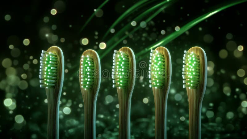 Five Bamboo Toothbrushes on Dark Green Background Stock Illustration ...