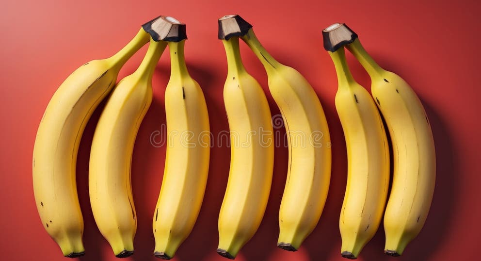 Five Bananas Arranged in a Row on a Red Background. Stock Image - Image ...