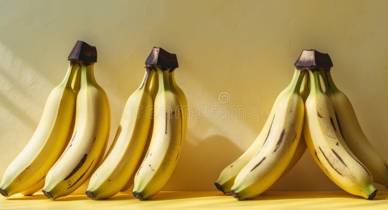 Five Bananas Arranged in a Row on a Yellow Background Stock Image ...