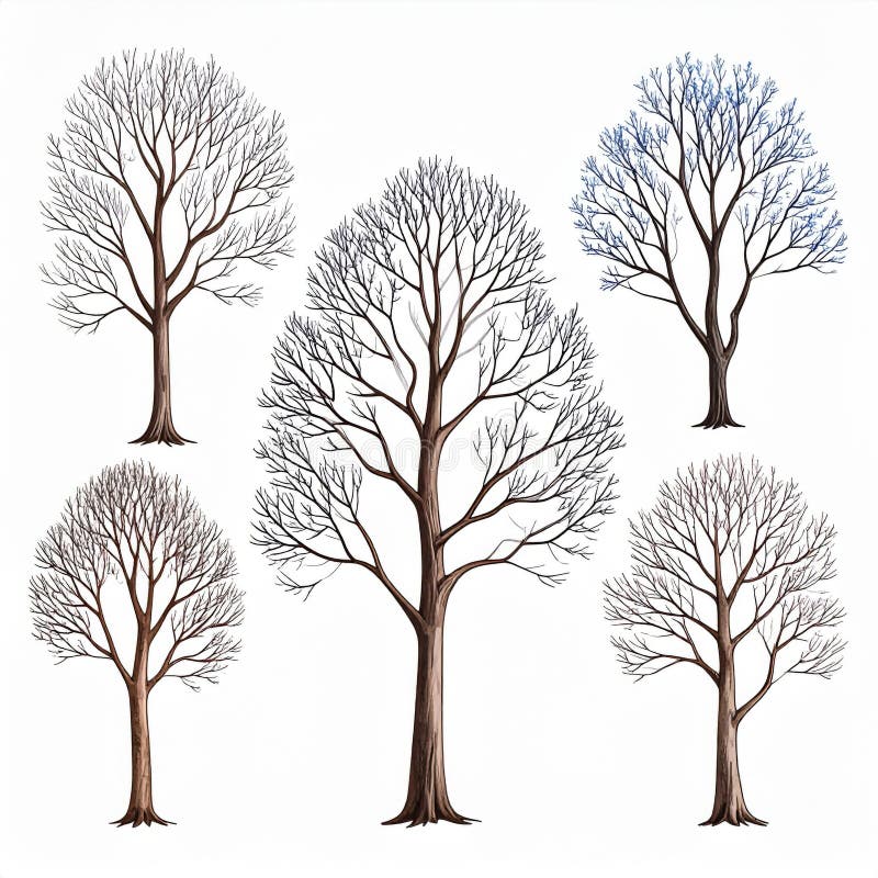 Five Bare Trees Silhouette with Detailed Branches and Pixelated Art ...