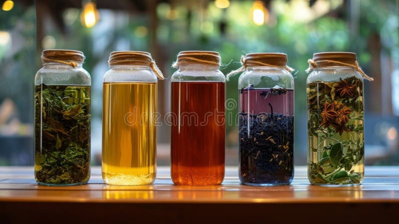 Five Beautiful Glass Jars with Tea Standing in a Row Stock Photo ...