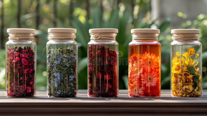 Five Beautiful Glass Jars with Tea Standing in a Row Stock Photo ...