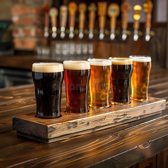 Five Beer Samples on Wooden Tray at Bar Stock Photo - Image of drinks ...