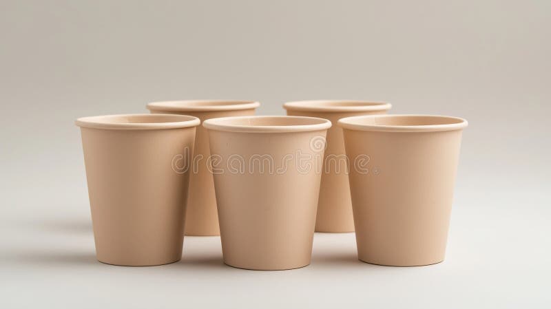 Five Biodegradable Disposable Beige Paper Cups Arranged on a White ...