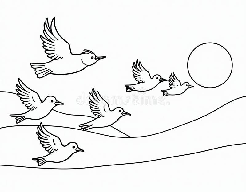 Five Birds Flying in the Sky - Simple Line Art Illustration Stock ...