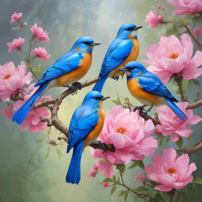 Five Birds are Perched on a Tree Branch. Stock Illustration ...