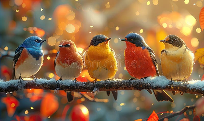 Five Birds Sitting on a Branch in a Snowy Forest Stock Image - Image of ...