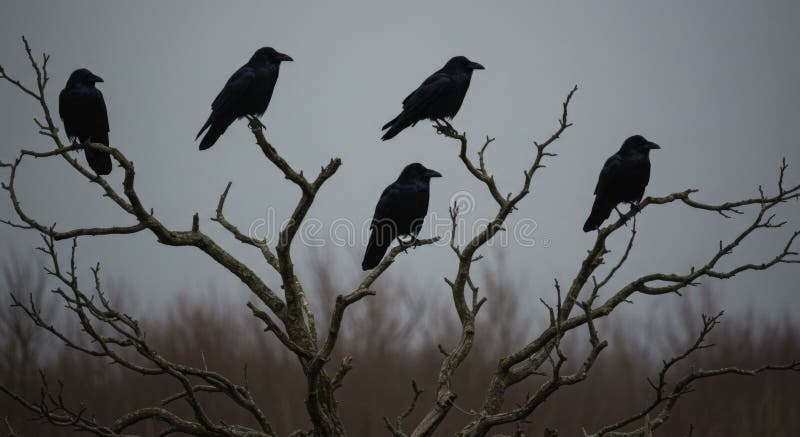 Five Black Crows Perched on a Bare Tree Branch in Winter Stock ...