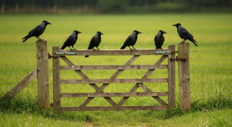 Five Black Crows on a Rustic Wooden Gate in a Green Field Stock ...