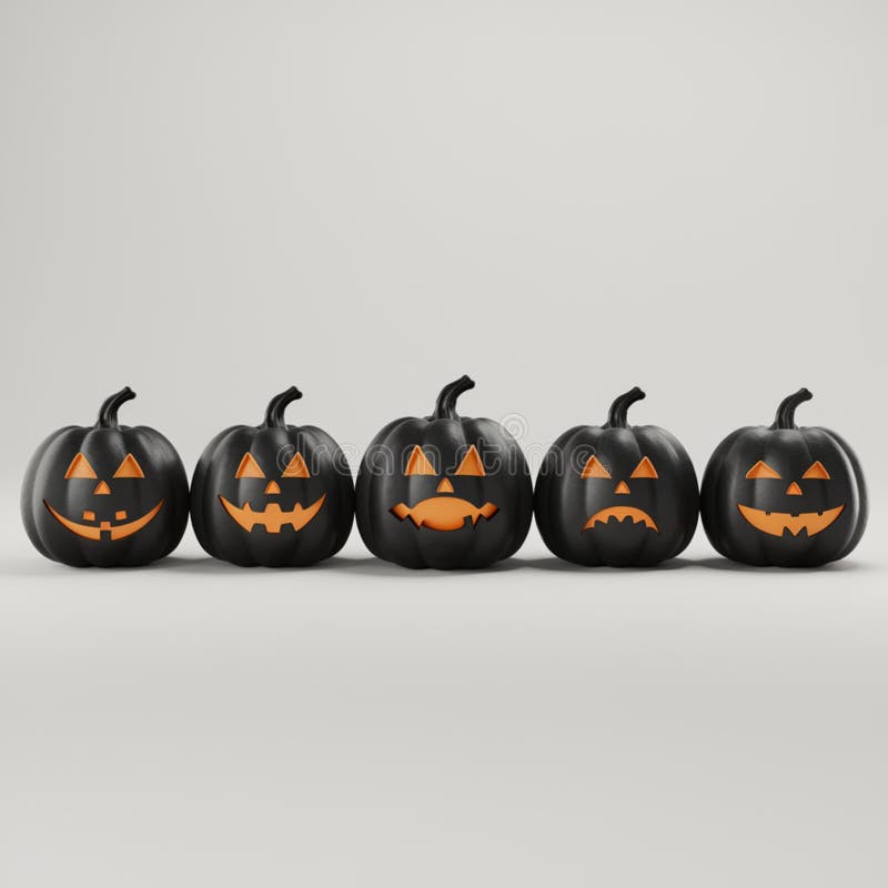 Five Black Pumpkins with Triangular Faces, Ranging Expressions, Plain ...