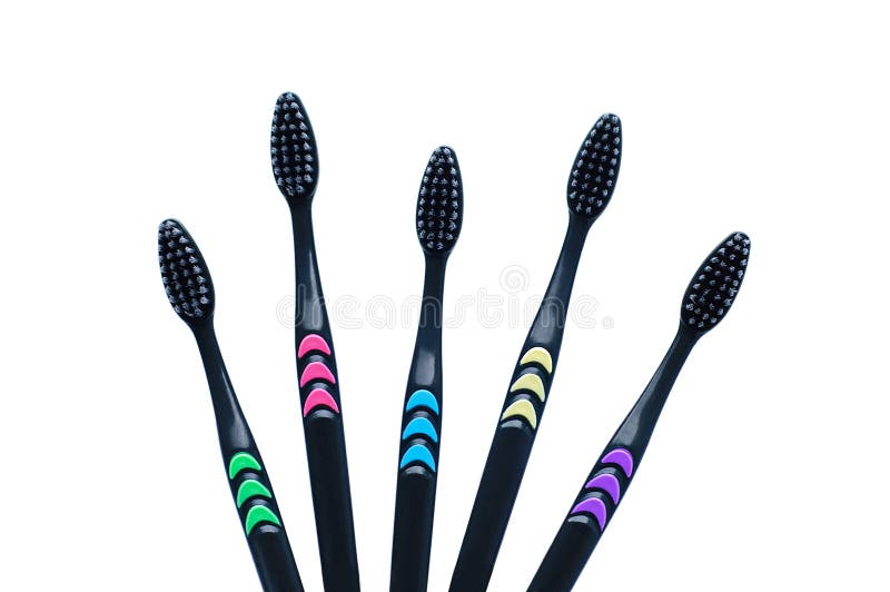 Five Black Toothbrushes with Carbon Soft Bristles. White Isolate Stock ...