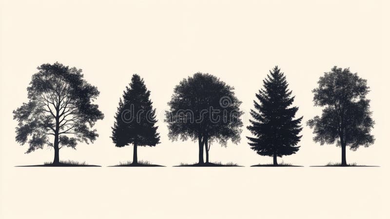 Five Black Tree Silhouettes on White Background Stock Illustration ...