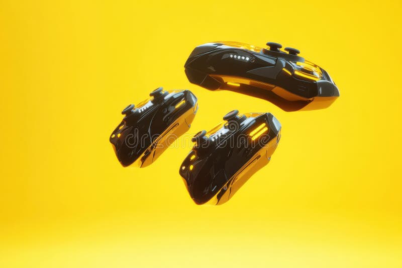 Five Black Wireless Controllers Hover Against a Vibrant Yellow Backdrop ...
