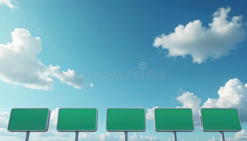 Five Blank Green Road Signs Positioned Against Bright Blue Sky with ...