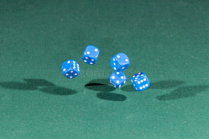 Five Blue Dices Falling on a Green Table Stock Photo - Image of dice ...