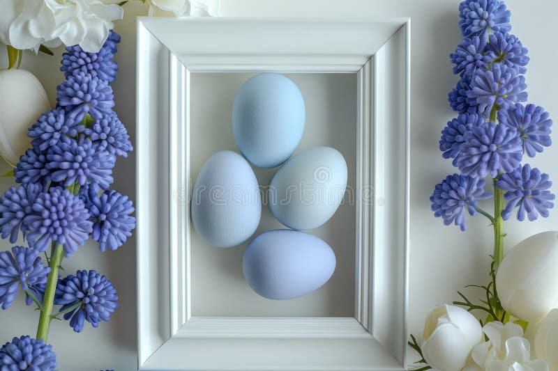 Five Blue Easter Eggs in White Frame with Delicate White and Blue ...