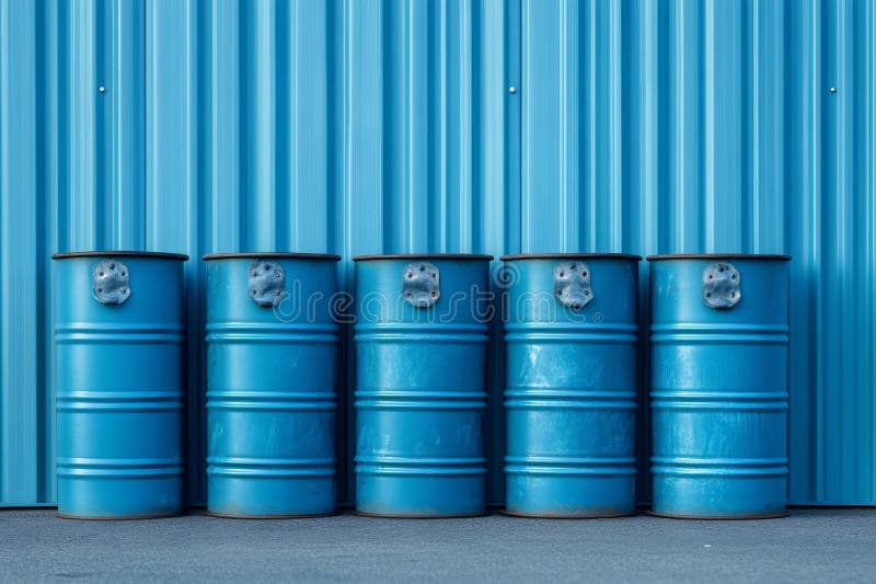 Five Blue Metal Barrels Standing in Front of a Blue Wall Stock ...