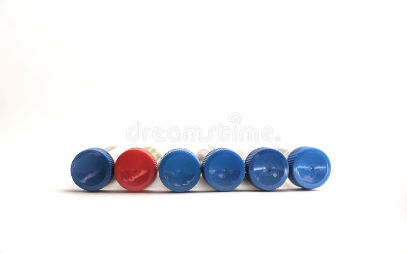 Five Blue and One Red Test Tubes are in a Row Stock Image - Image of ...