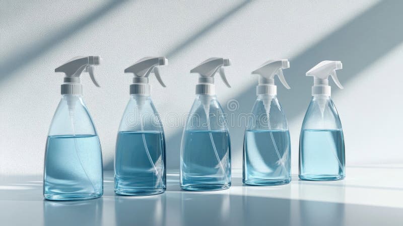 Five Blue Spray Bottles with Cleaning Solution Against White Wall ...