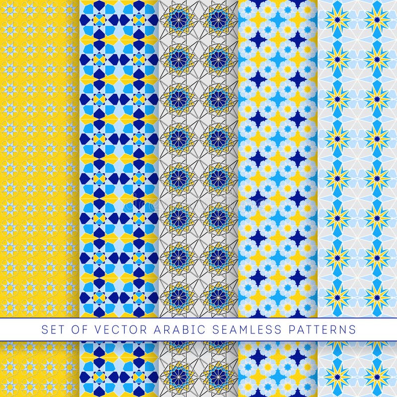 Five Blue-yellow Arabic Patterns Stock Illustration - Illustration of ...
