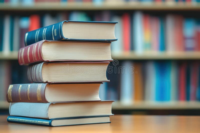Stack of Books on a Wooden Table with Bookshelves in the Background ...