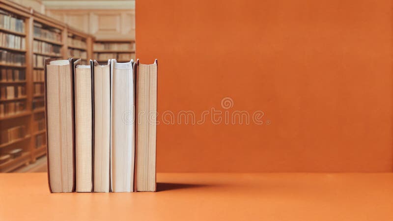Five Books Standing in a Library Setting with Warm Orange Backdrop ...