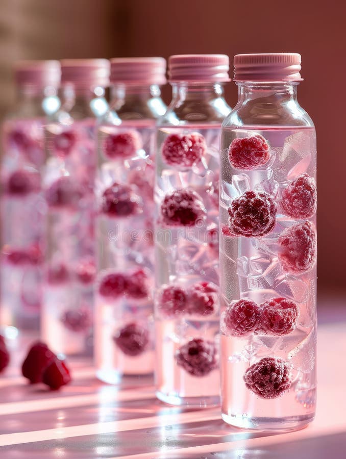 Five Bottles of Clear Water Infused with Raspberries and Ice Cubes ...